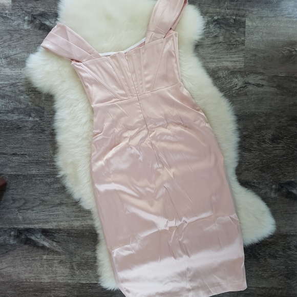 DANI•thegirl | Dresses | Glossy Pink Satin Draped Sleeve Off The ...